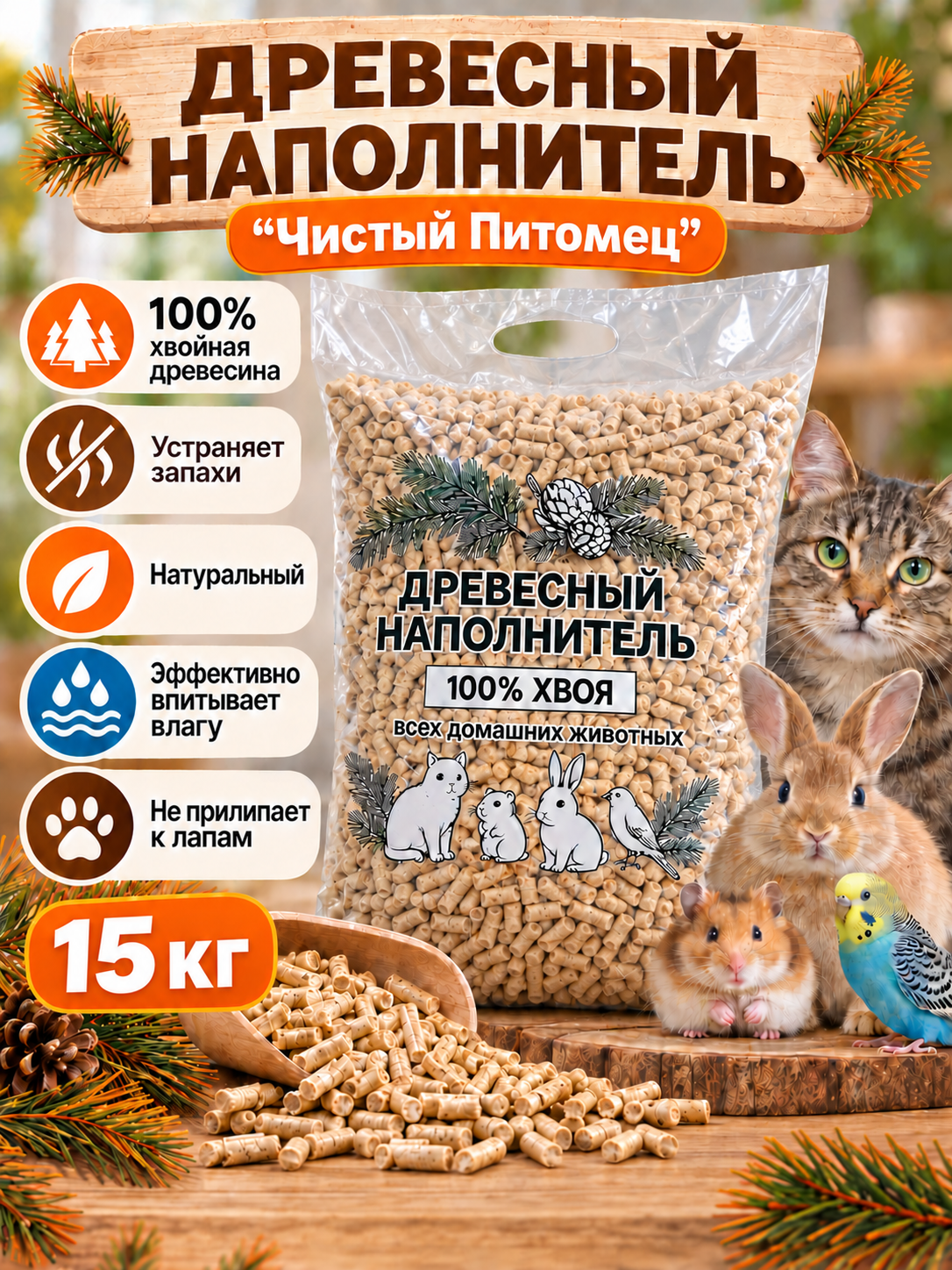 Древесный наполнитель для кошачьего туалета "Чистый питомец", 15 кг
