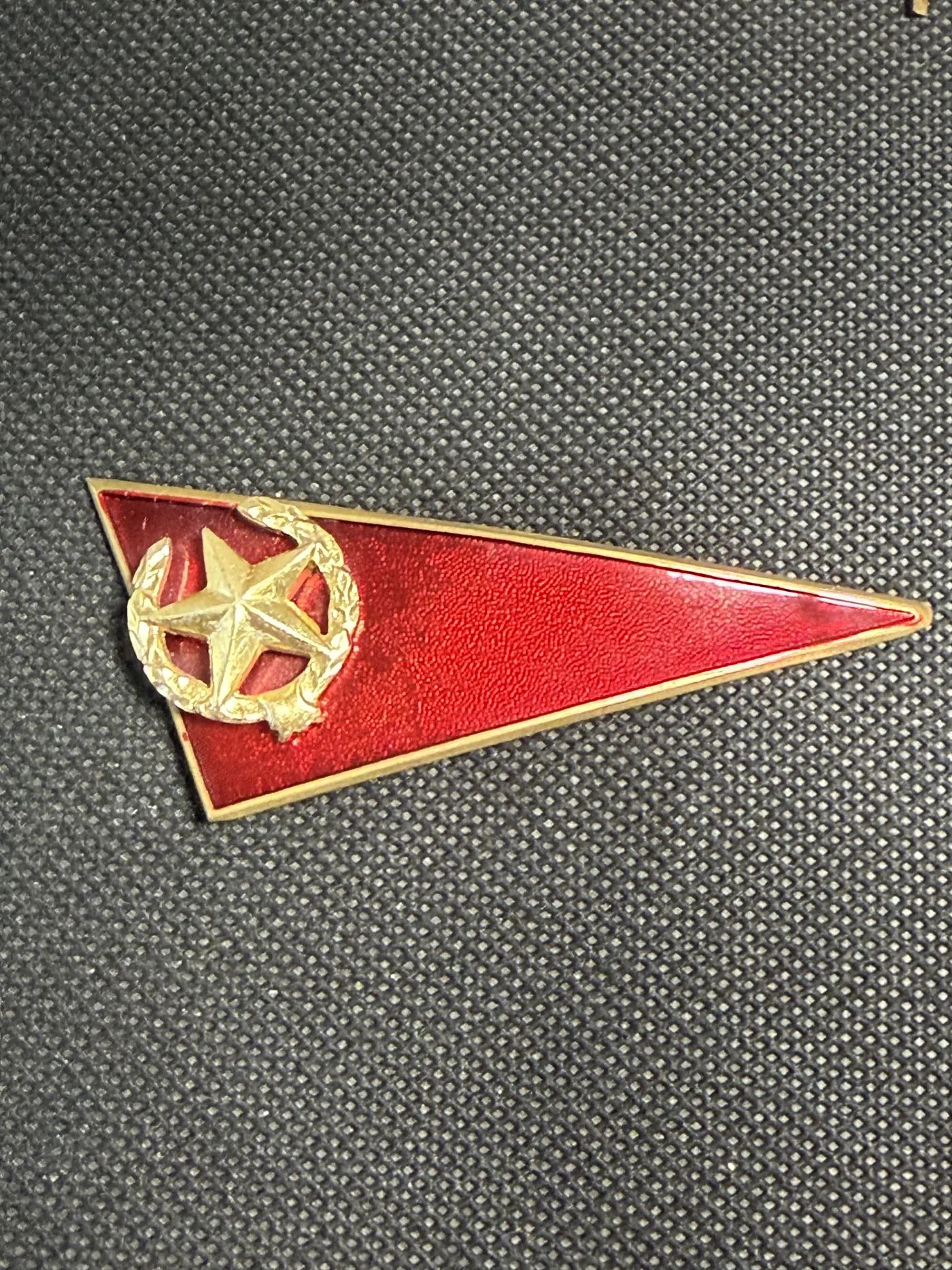 Значок С и лавровым венком на красном фоне