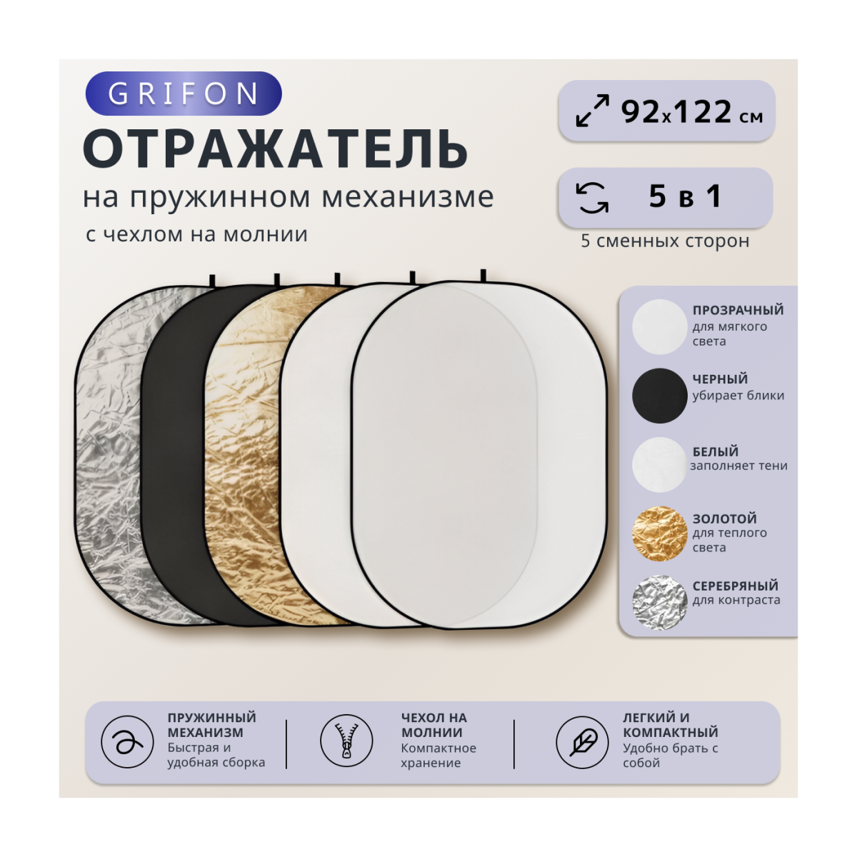 Grifon R5-0912 5 в 1 отражатель просветный/черный/белый/золотой/серебро 92x122 см