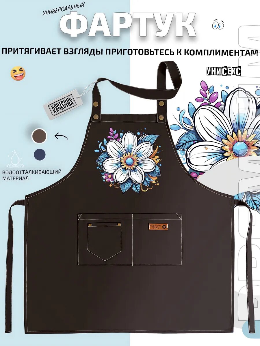 Фартук Белый цветок с синими листьями и желтым центром арт кухонный с принтом универсальный