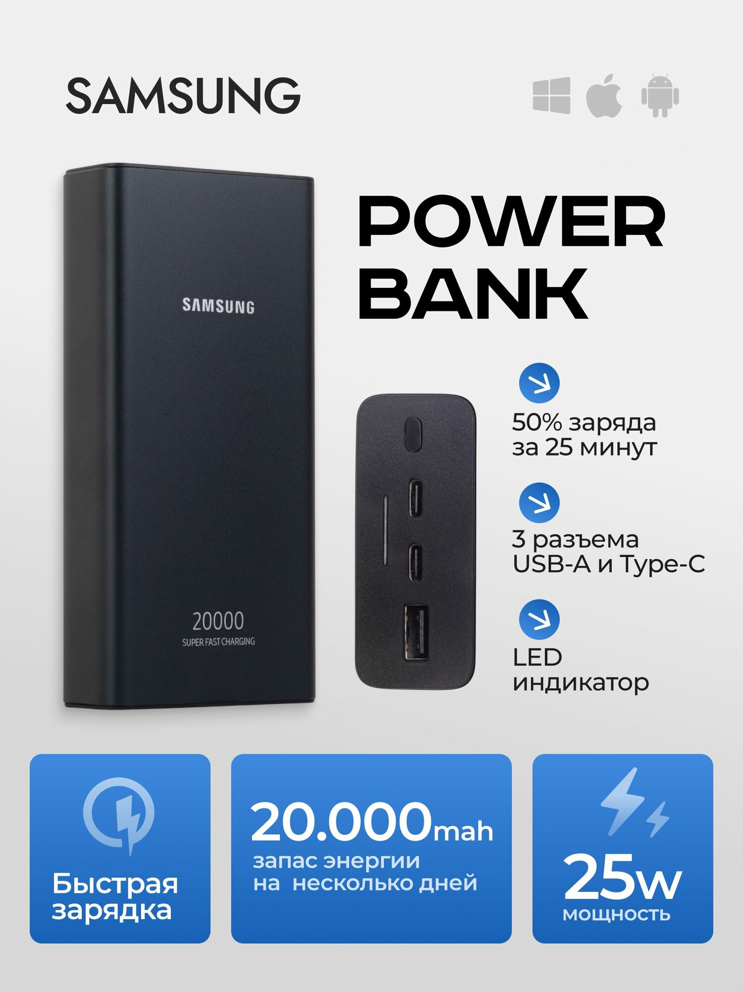 Samsung Внешний аккумулятор EB-P5300 , 20000 мАч, 25 Вт, черный