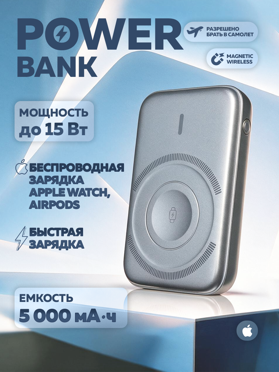 Внешний аккумулятор Roome MagDuo W75-RMMD5K 5000mAh 20W Magnetic Wireless Power Bank with Watch Charger Grey