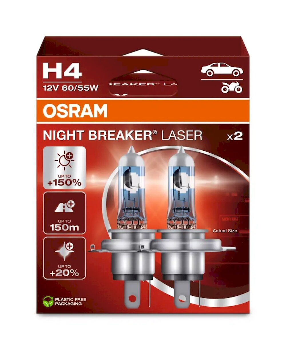 Автолампа галогенная H4 (60/55W P43T +150%) NIGHT BREAKER LASER (евробокс, 2шт) 3900K 12V OSRAM