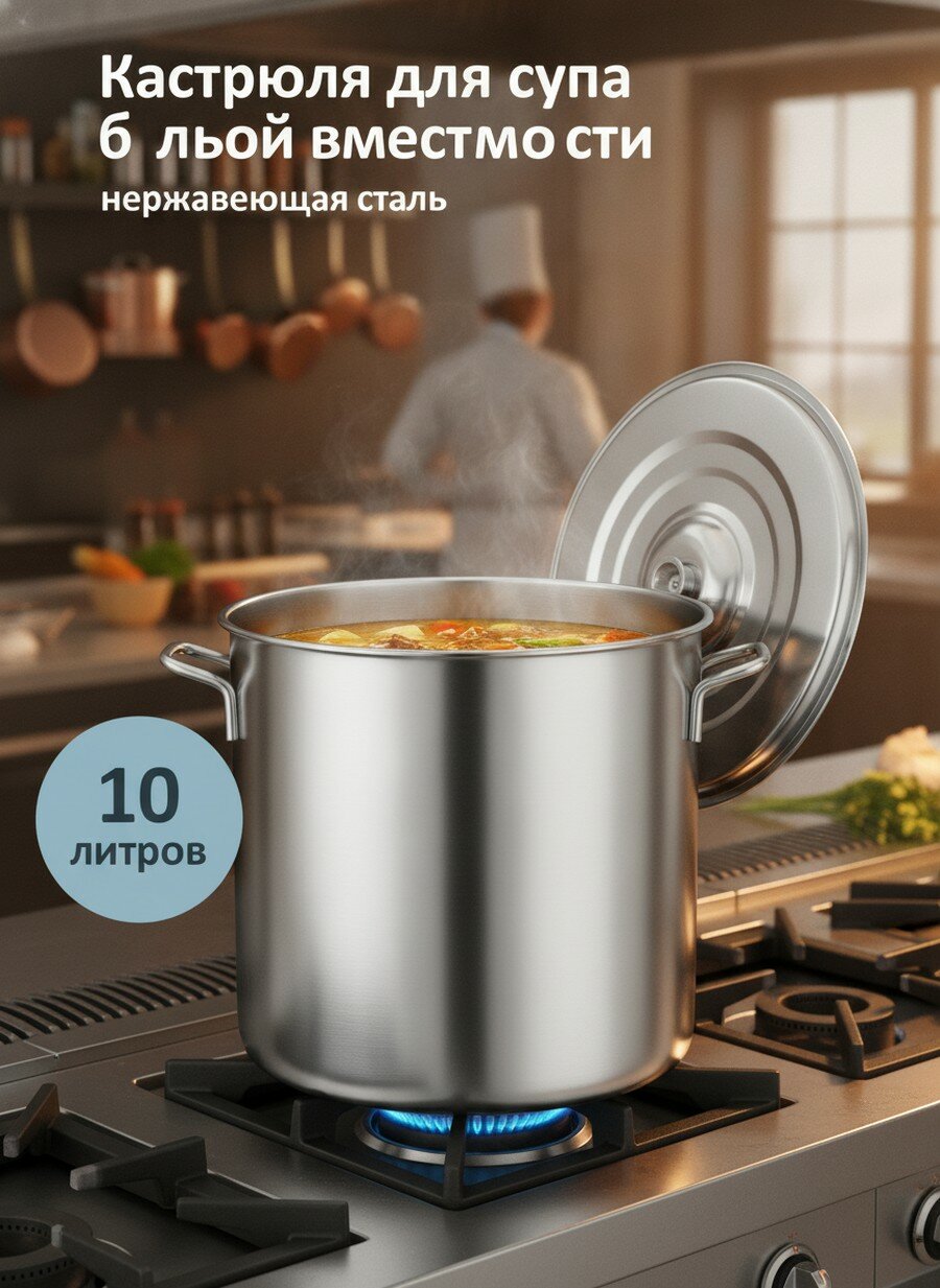 Кастрюля 26 см 10 л с крышкой из нержавеющей стали, для газовой плиты, подходит для мытья в посудомоечной машине