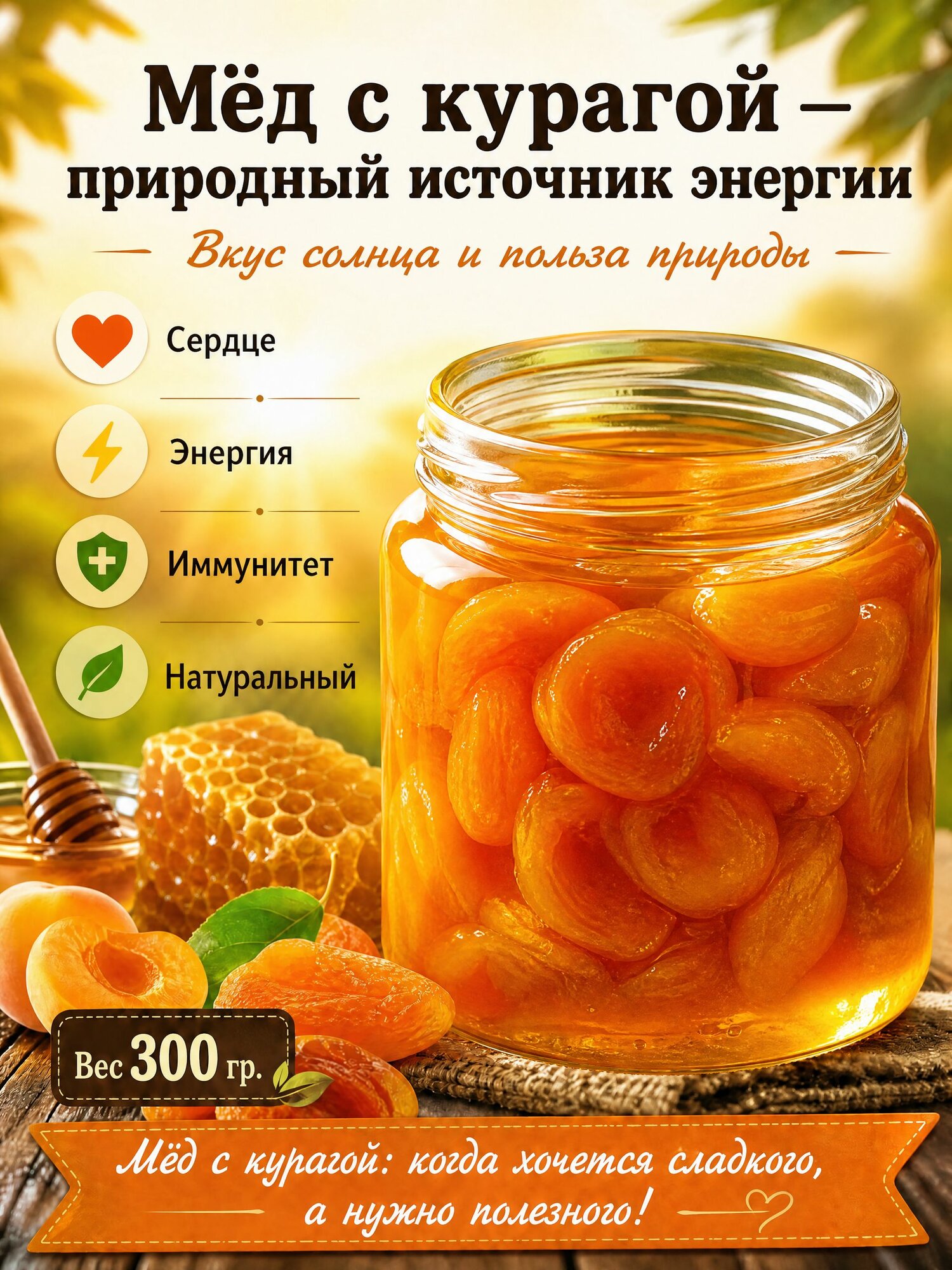 Мёд натуральный Акациевый Алтайский с курагой 300 гр, курага в меде