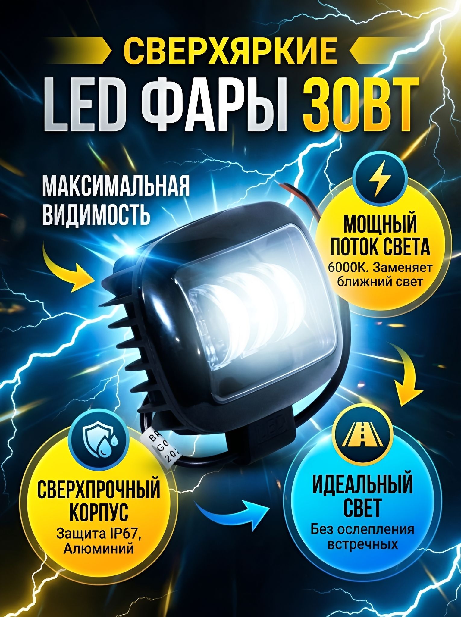 Автомобильная светодиодная фара ближнего света с линзой 30w квадратная 12-24v 1шт