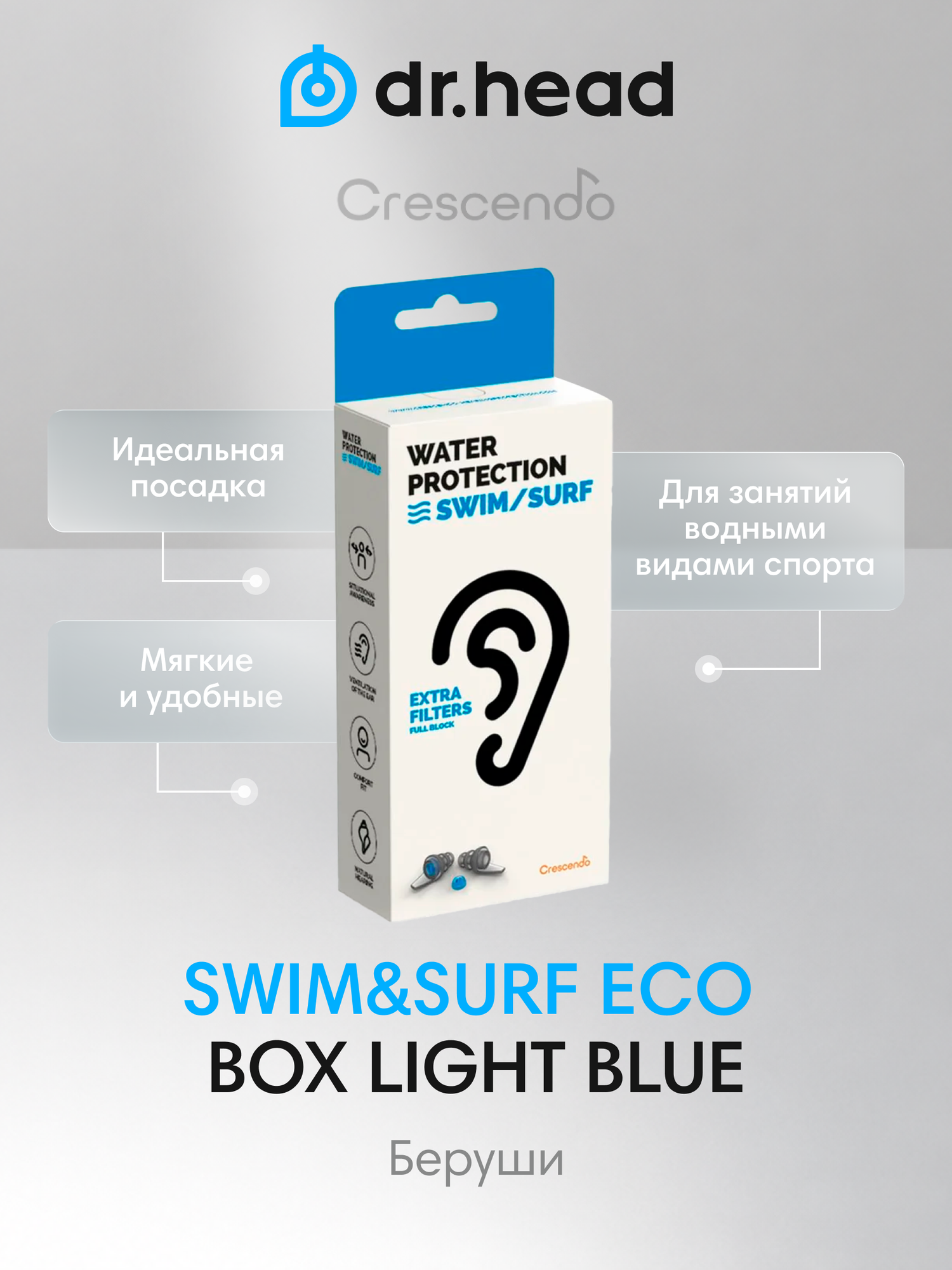 Crescendo Беруши для плавания Swim&Surf Eco Box размер M, L, light blue