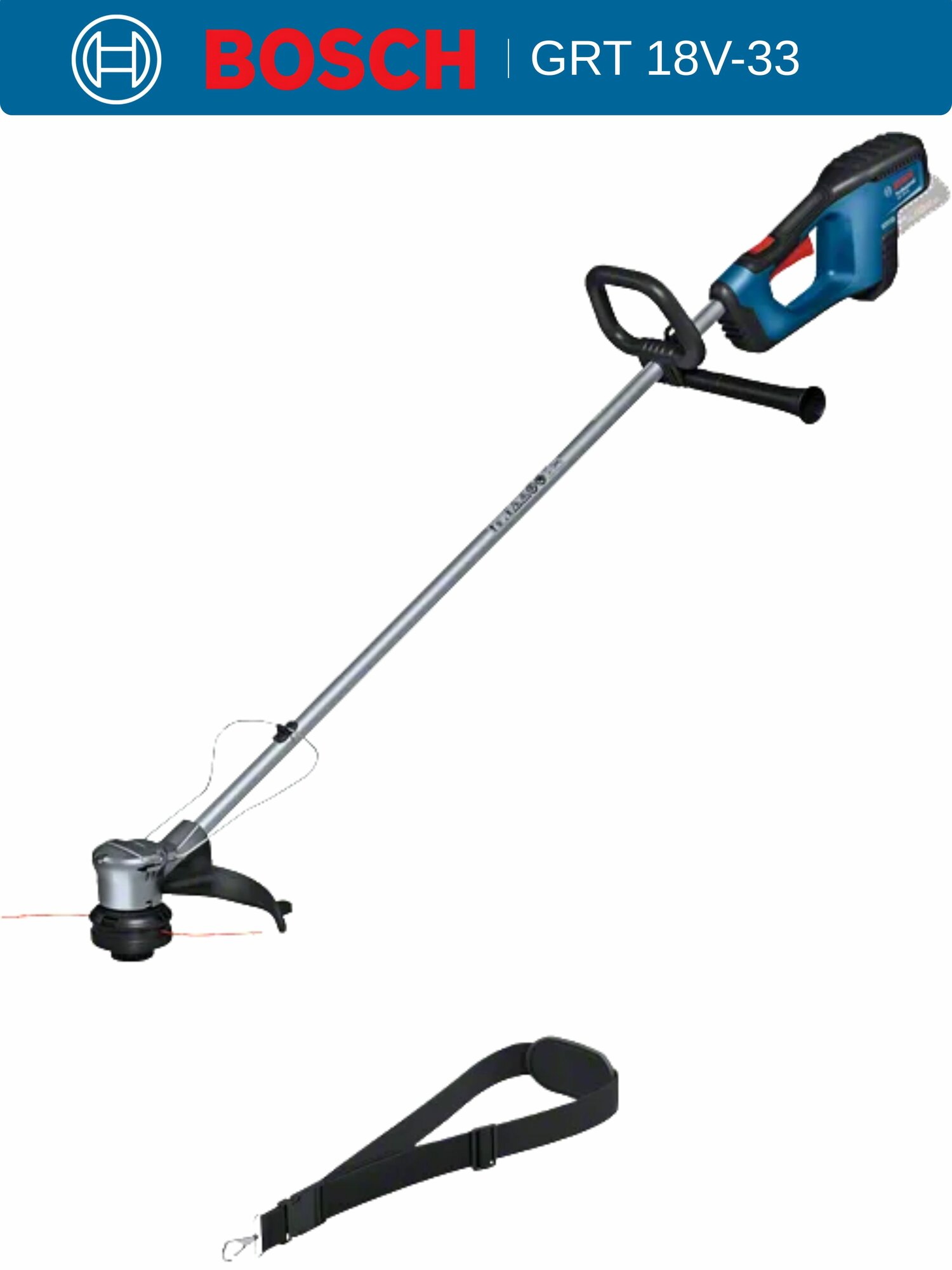 Аккумуляторный триммер Bosch GRT 18V-33, без АКБ и ЗУ, ширина среза 33 см, диаметр лески 2.4 мм, бесщёточный двигатель, арт. 06008D0000