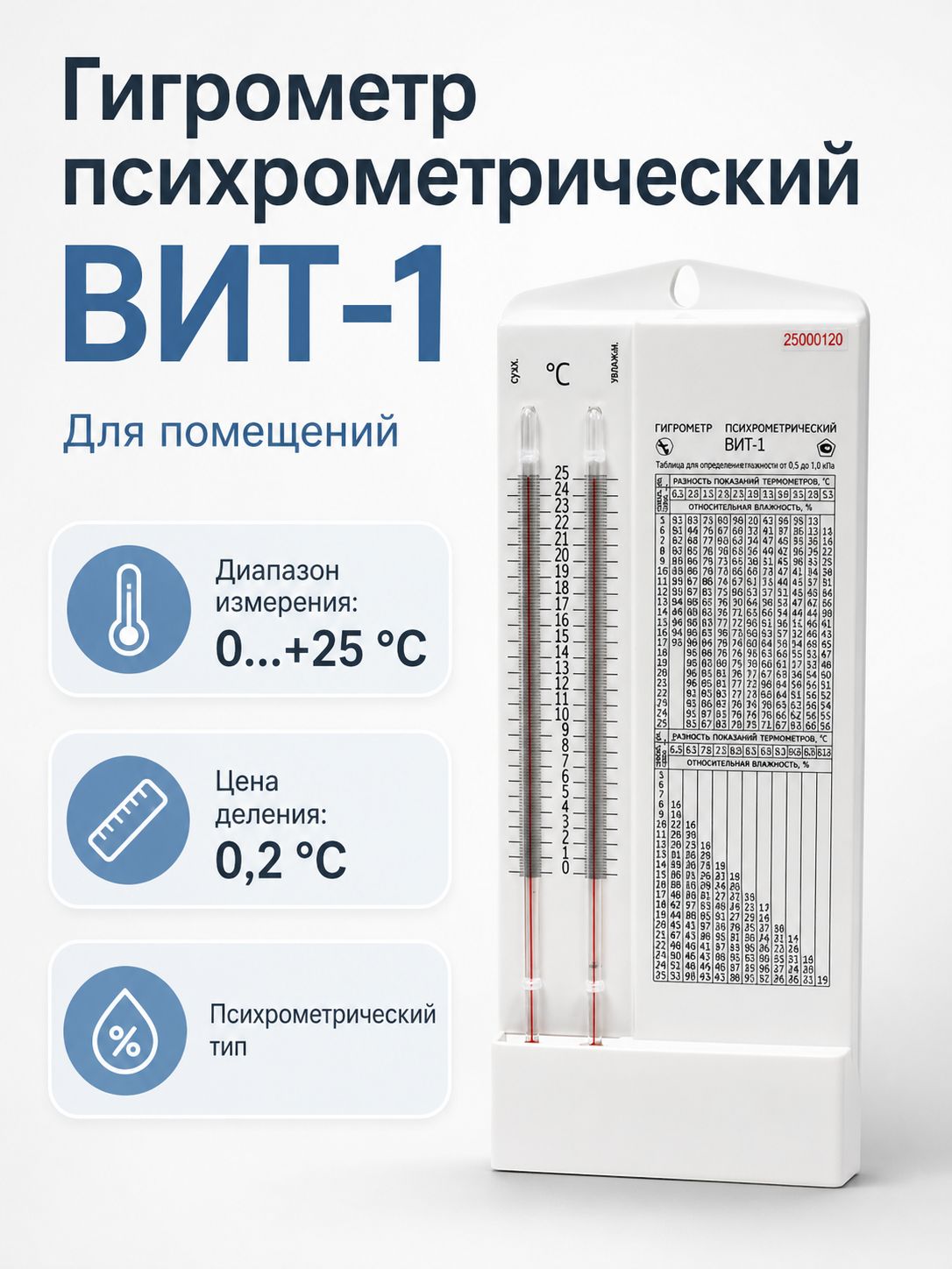 Гигрометр психрометрический ВИТ-1, датчик температуры и влажности воздуха, метеостанция, измеритель с поверкой РФ, диапазон от 0 до +25 С, ПТЗ