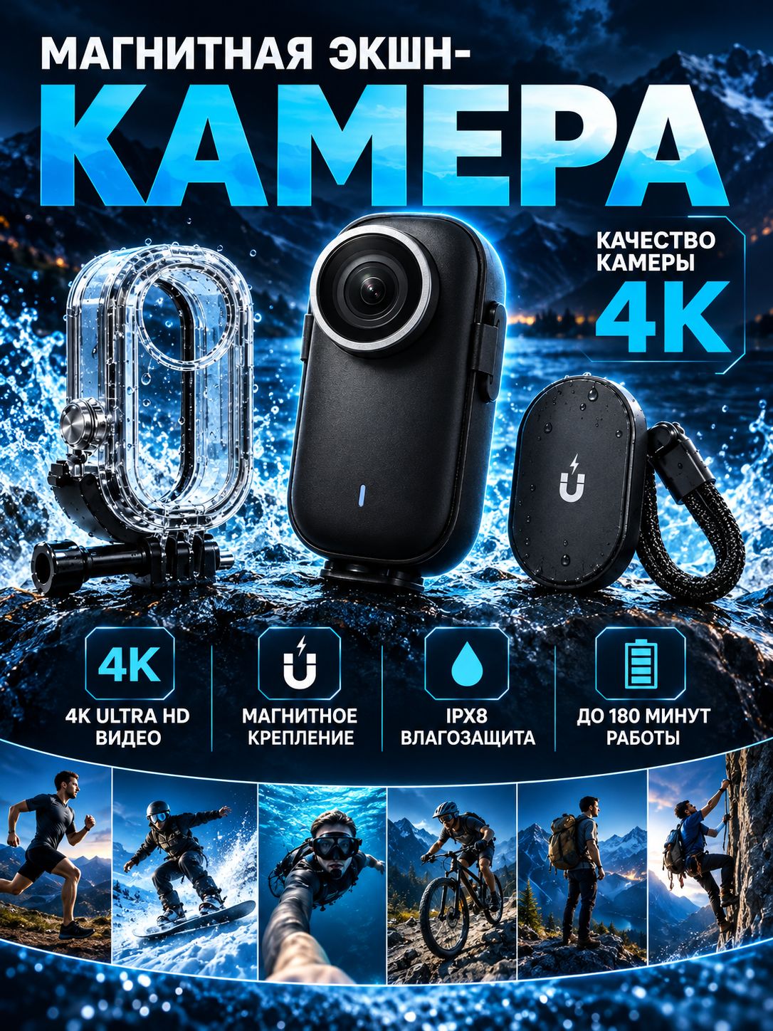 Экшн камера 4К UHD, Водонепроницаемая магнитная черная