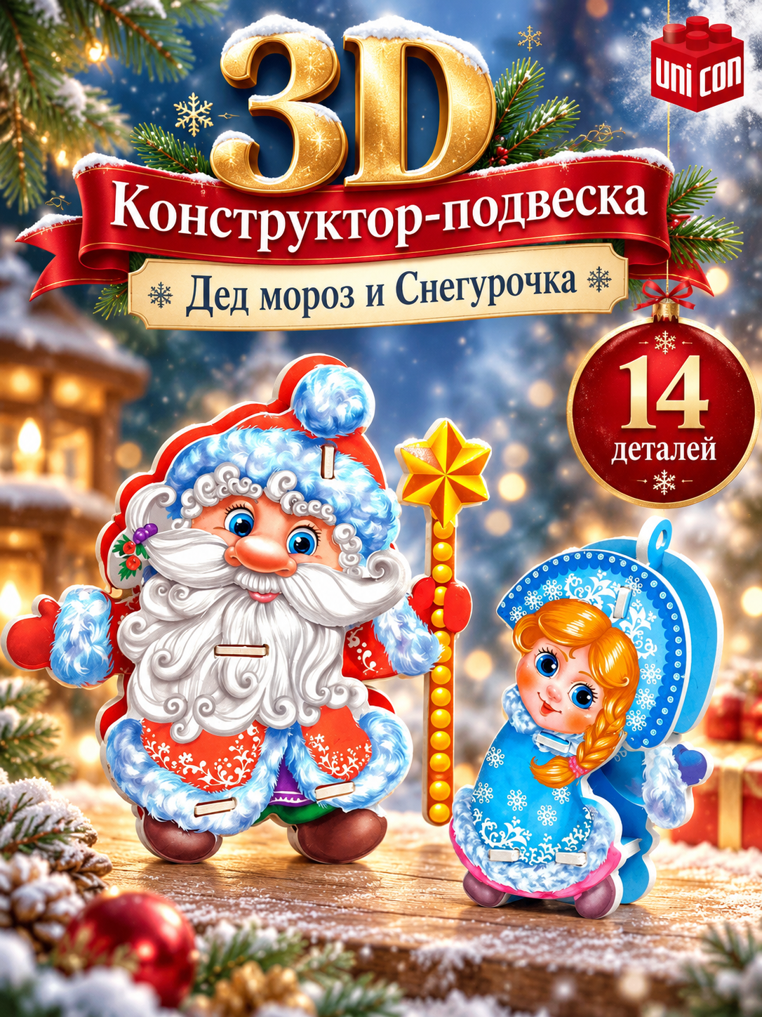 3D Конструктор-подвеска UNICON "Дед мороз и Снегурочка", 14 деталей