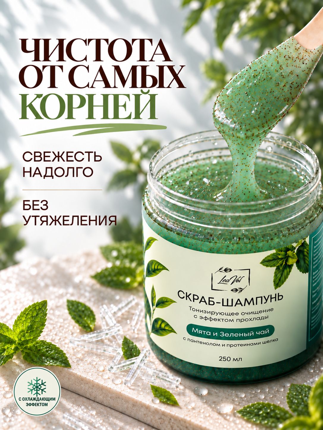 Скраб-шампунь пилинг для кожи головы и волос LeaVel Мята и зелёный чай глубокое очищение, 250 мл