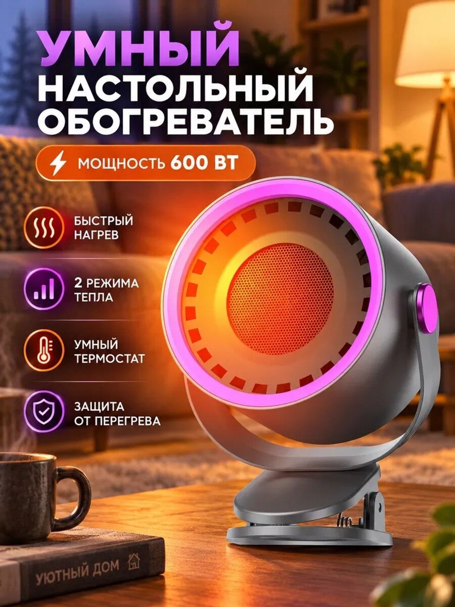 Настольный тепловентилятор для дома и офиса, 600 Вт, фиолетовый, с термостатом