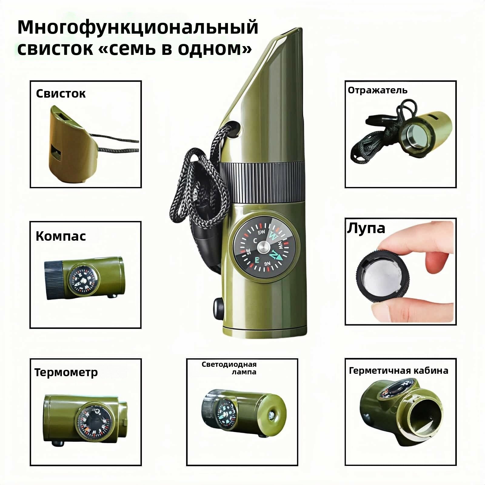Спасательный свисток 7-в-1 с компасом, термометром, фонариком, зеркалом и огнивом в водонепроницаемом чехле