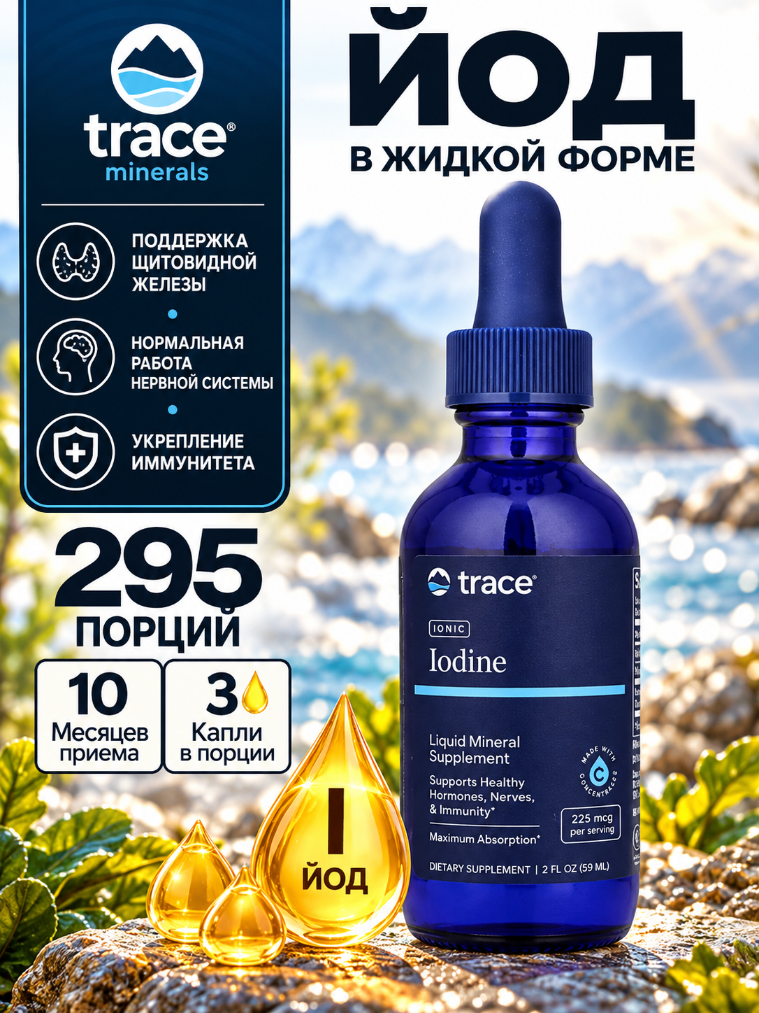 Trace Minerals Liquid Ionic Iodine 225 mcg 59 мл, Трейс Минералс Жидкий Ионный Йод 225 мкг 59 мл