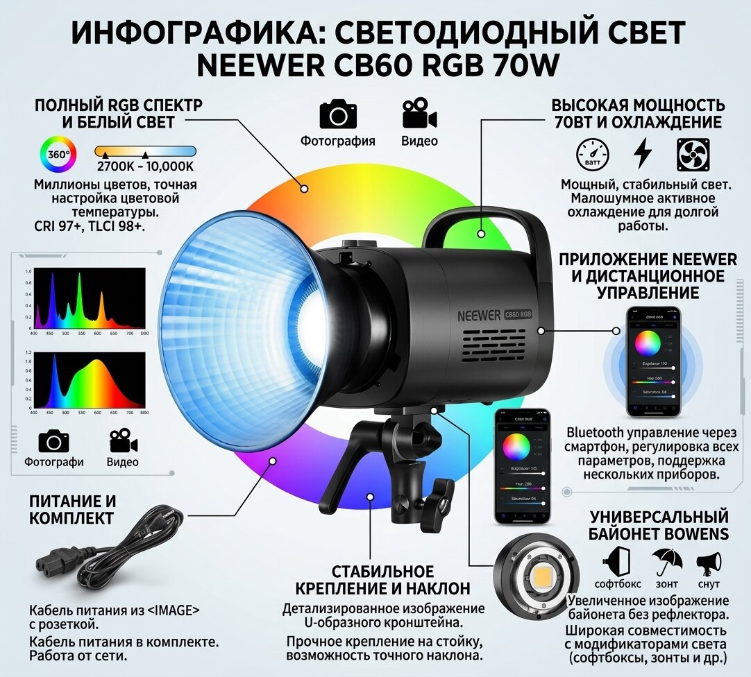 Осветитель NEEWER CB60 70W RGB Bowens 2700-6500К 18000 Люкс