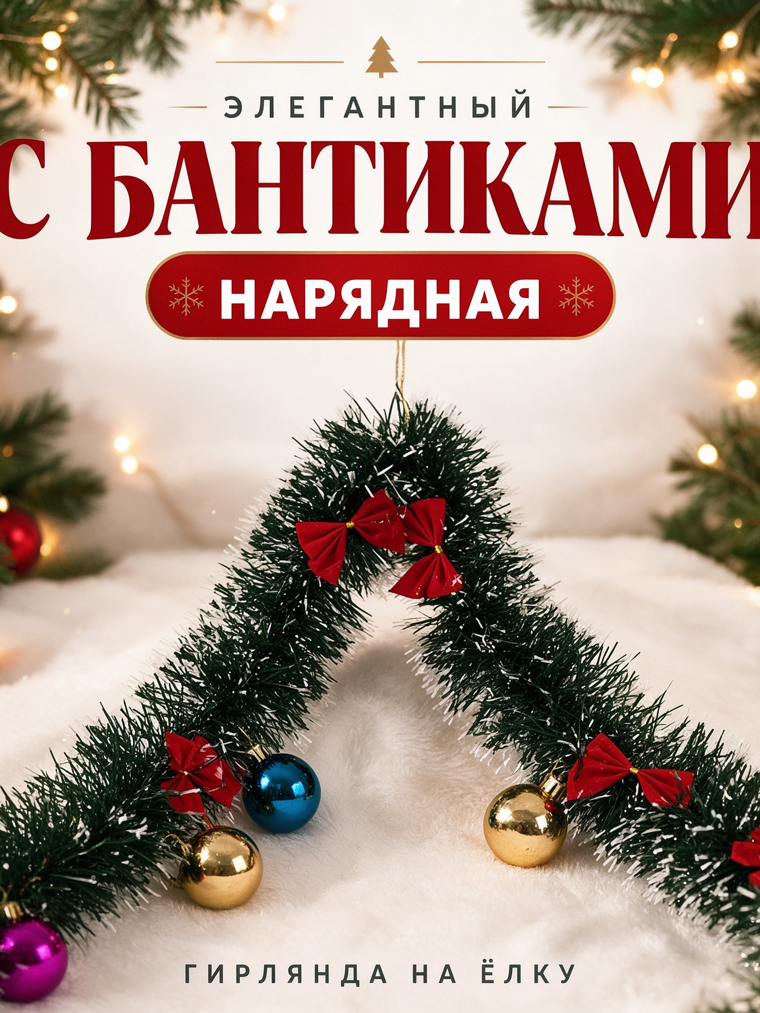 Мишура новогодняя тёмно-зелёная с белым инеем, 2 м, набор 2 шт, 6 шаров и 6 бантов, гирлянда на ёлку
