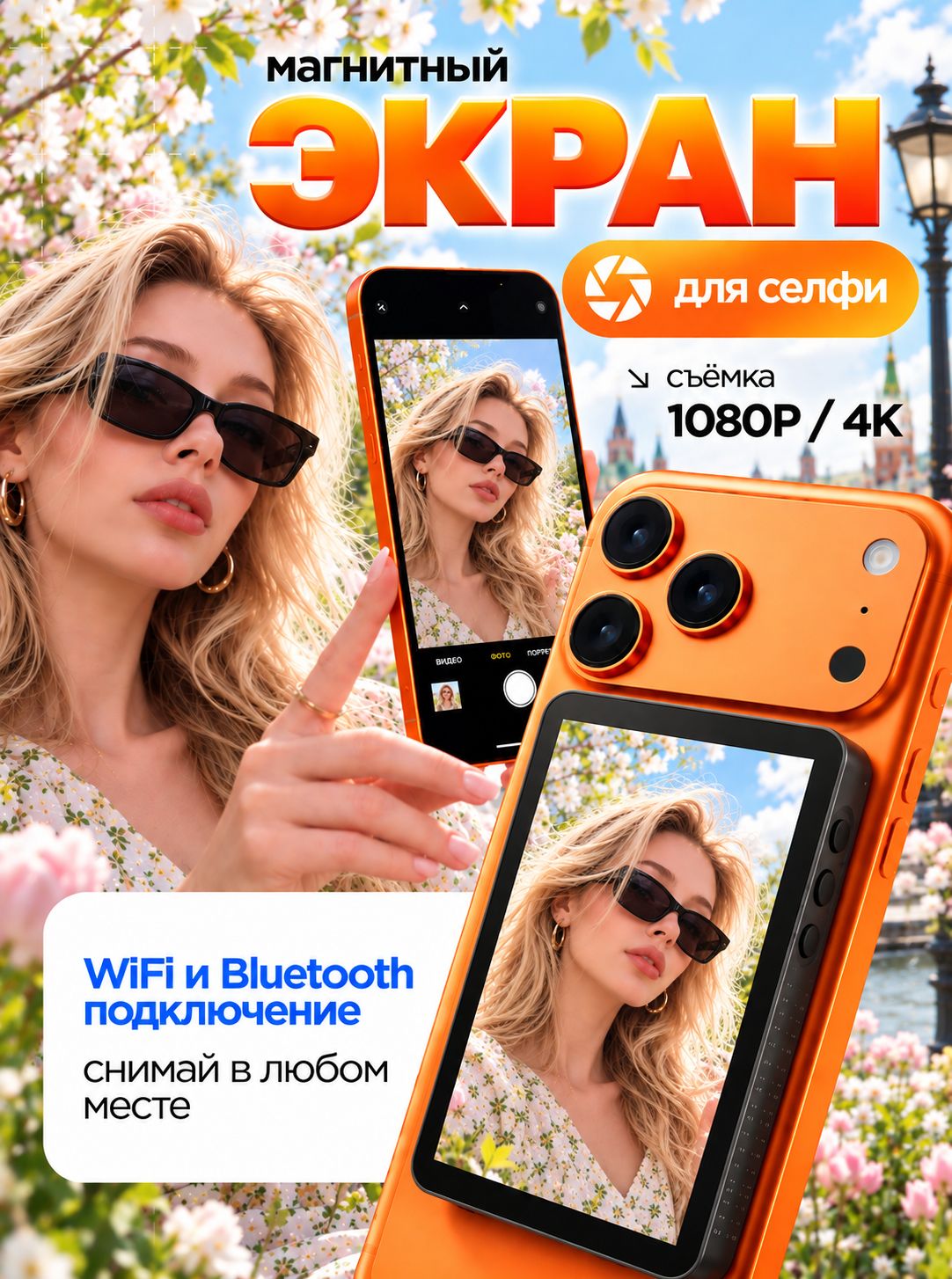 Внешний беспроводной селфи-экран для телефона без приложений / Портативный магнитный дисплей-пауэрбанк 2500 мАч для стримов и блогов