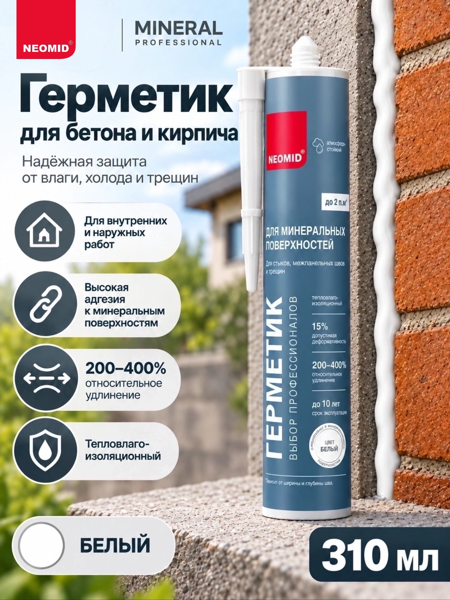 Герметик для бетона, кирпича и камня NEOMID MINERAL, для внутренних и наружных работ, трещин и швов, белый 310 мл