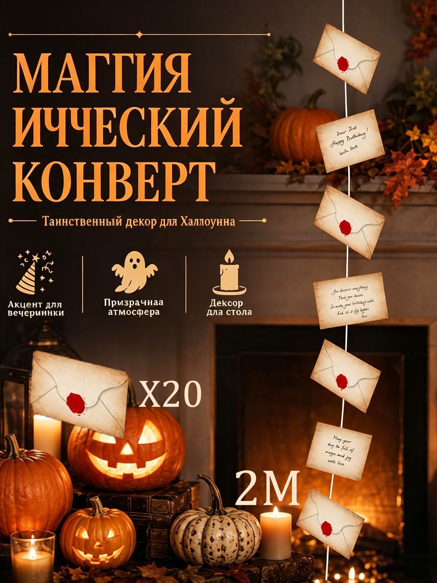 Гирлянда из бумажных конвертов на Хэллоуин и день рождения, 2 гирлянды в наборе