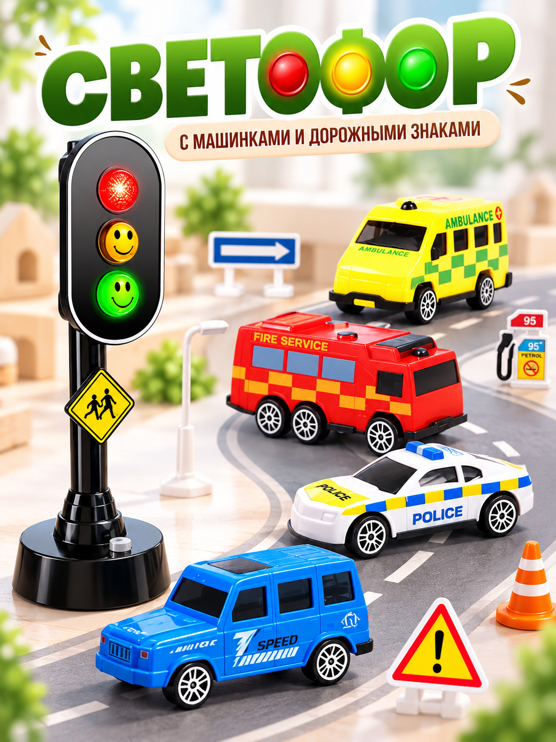 Светофор игрушечный со светом с дорожными знаками и машинками игровой набор