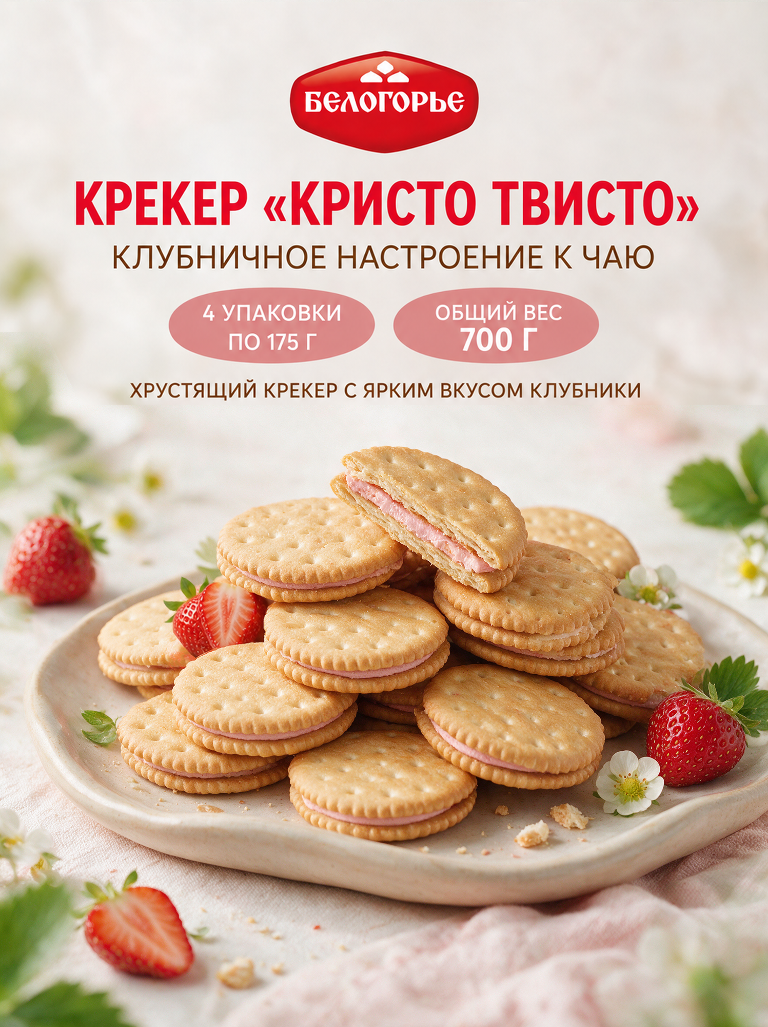 Крекер кристо-твисто с клубничной начинкой Белогорье 700 г, 4 упаковки по 175 г