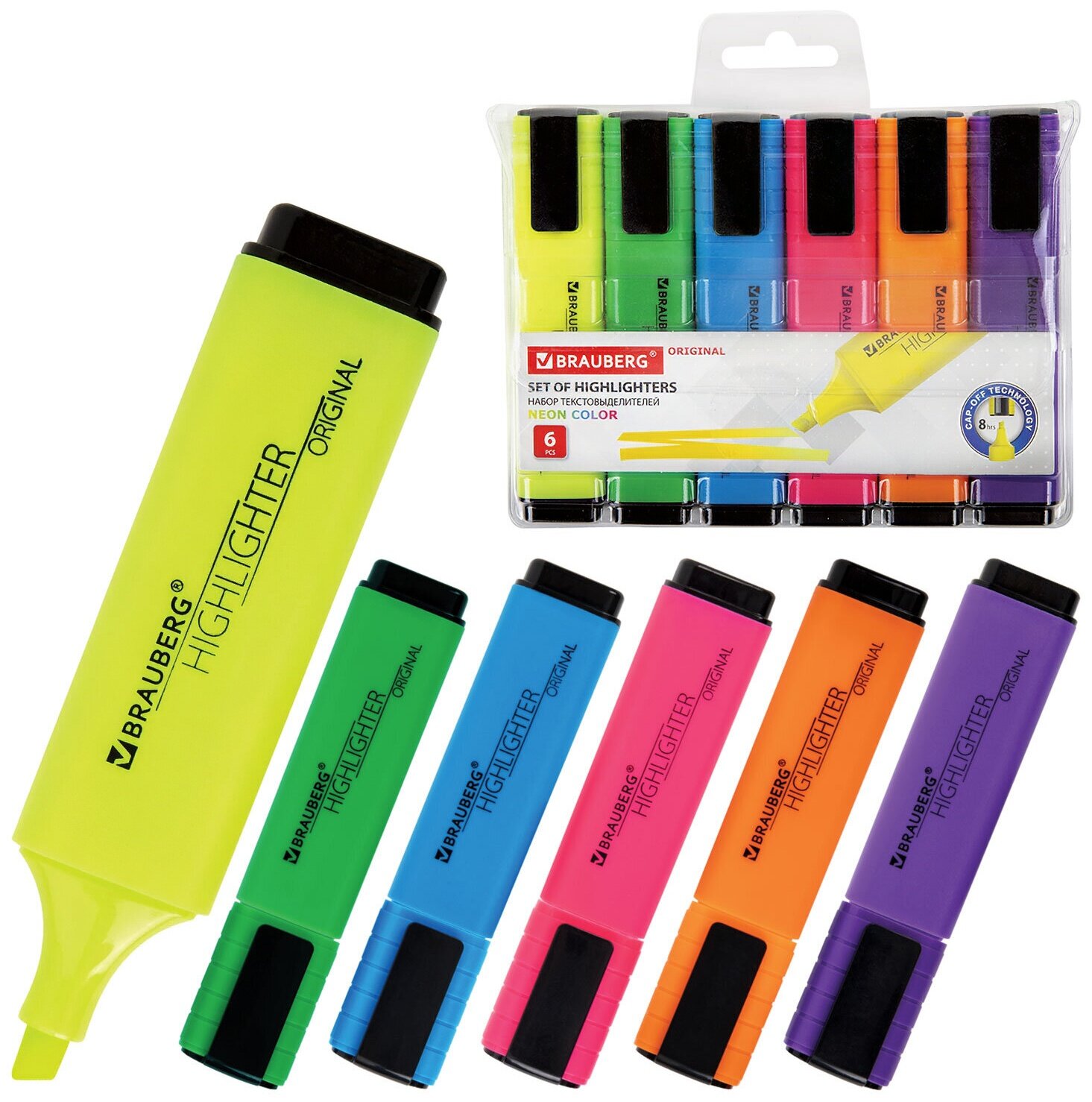 Набор текстовыделителей BRAUBERG ORIGINAL NEON 6 цветов, линия 1-5 мм 152216
