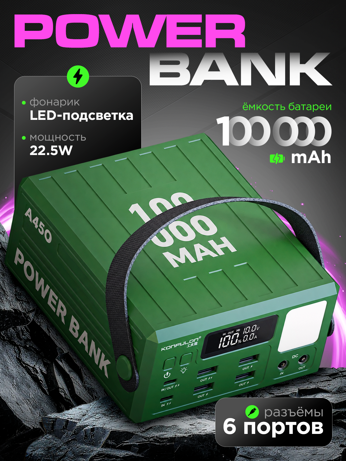 Повербанк для телефона с быстрой зарядкой 100000mah