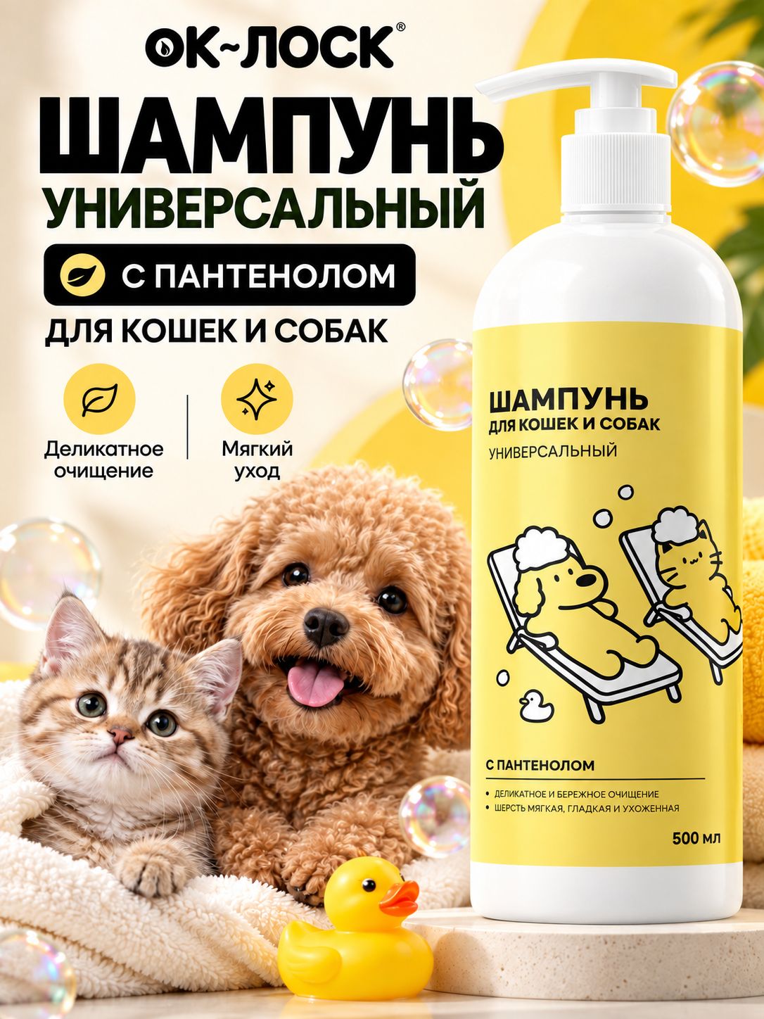 Шампунь для собак и кошек универсальный для всех видов шерсти с пантенолом 500 мл, ок-лоск