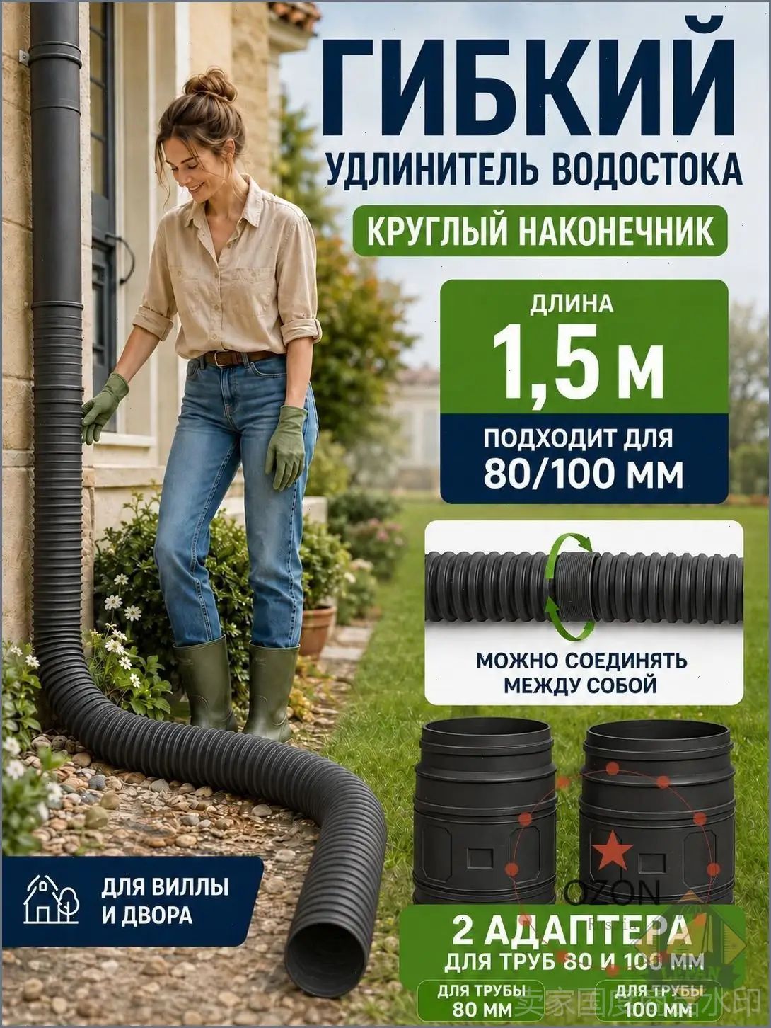 Удлинитель водосточной трубы 50-160 см (на диаметр 80/100 мм), гибкий гофрированный отвод для защиты фундамента, дренаж для дачи