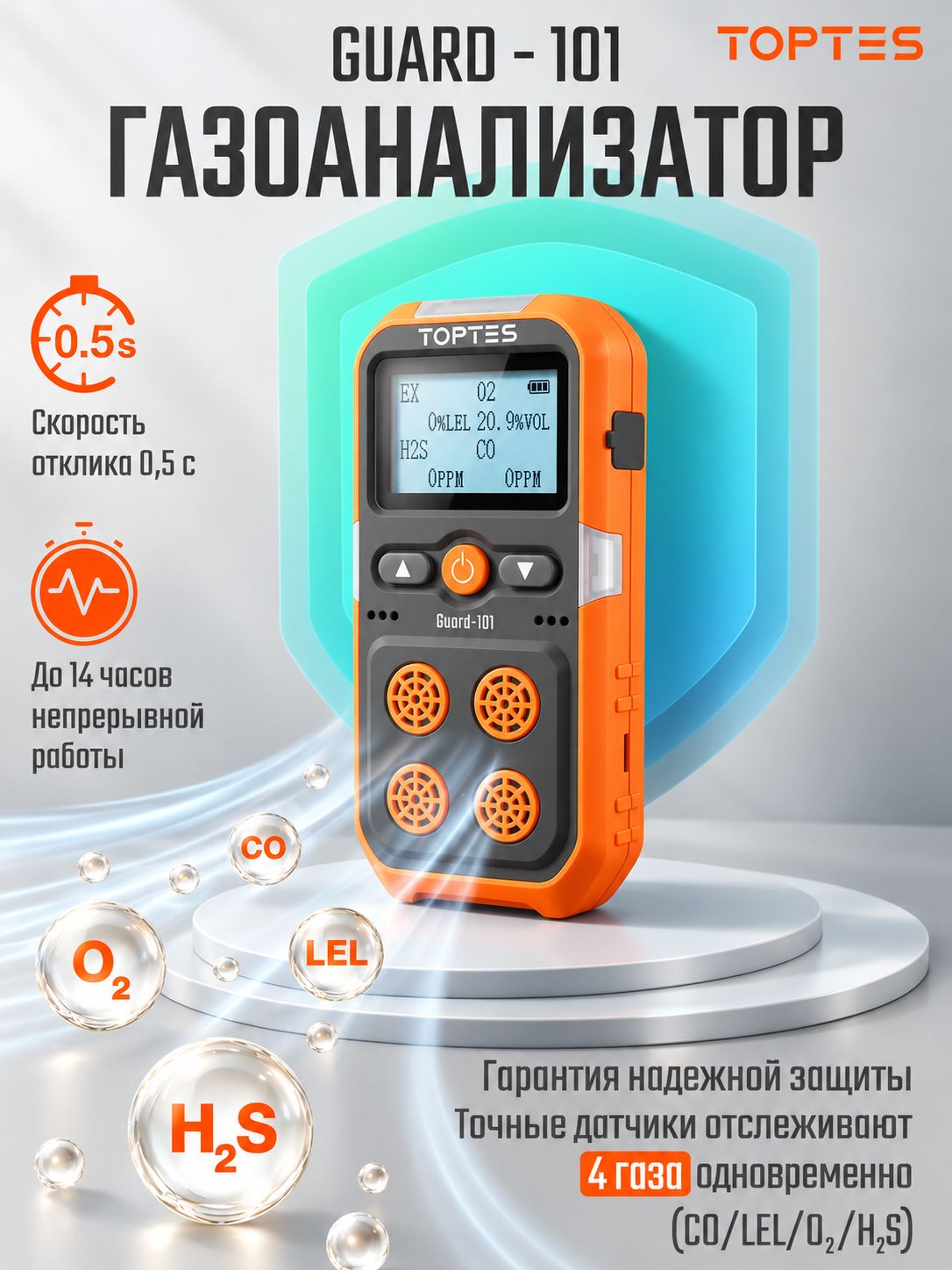 Газоанализатор 4в1 H2S, CO, LEL, O2, с взрывозащитой Guard-101, детектор угарного газа, сероводорода и горючих газов, IP67, тройная сигнализация, для промышленности и строительства