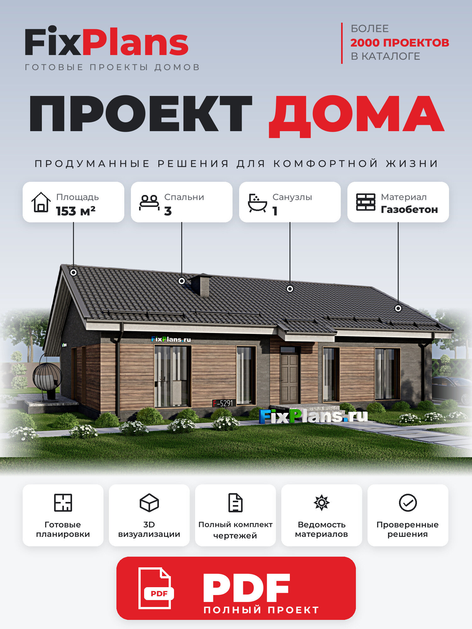 Проект дома FIXPLANS. Одноэтажный. Площадь 150.03 м2 F-5291 Размер 15.46 х 10.35