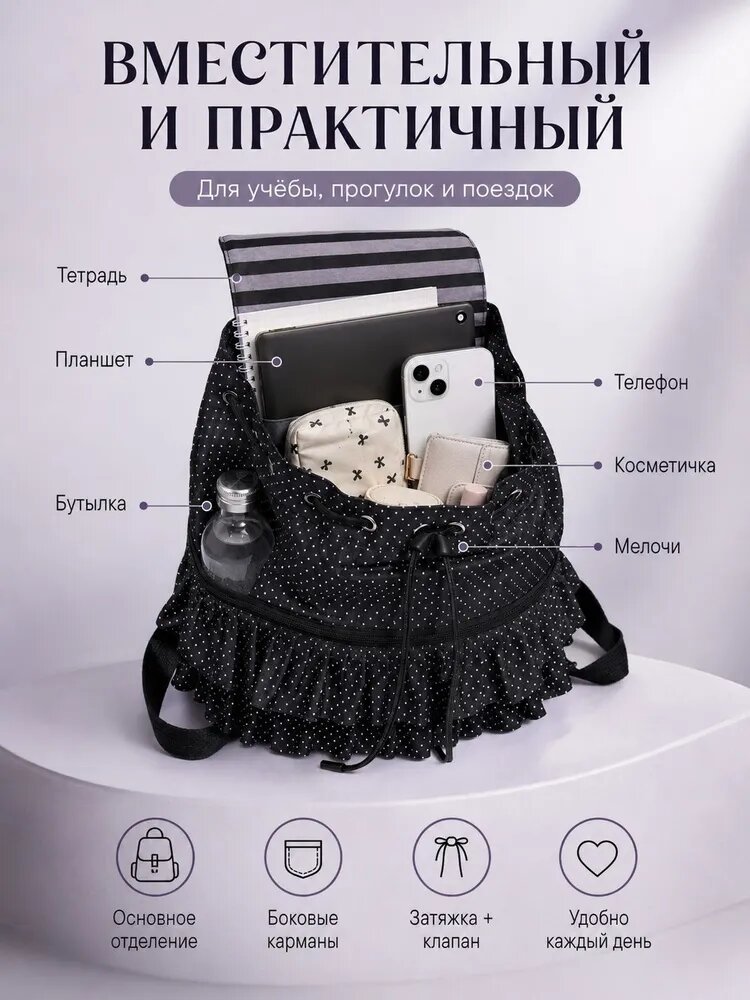 Сумка школьная детская женская Политекс черная в горошек с кружевом 32 см — фото 1