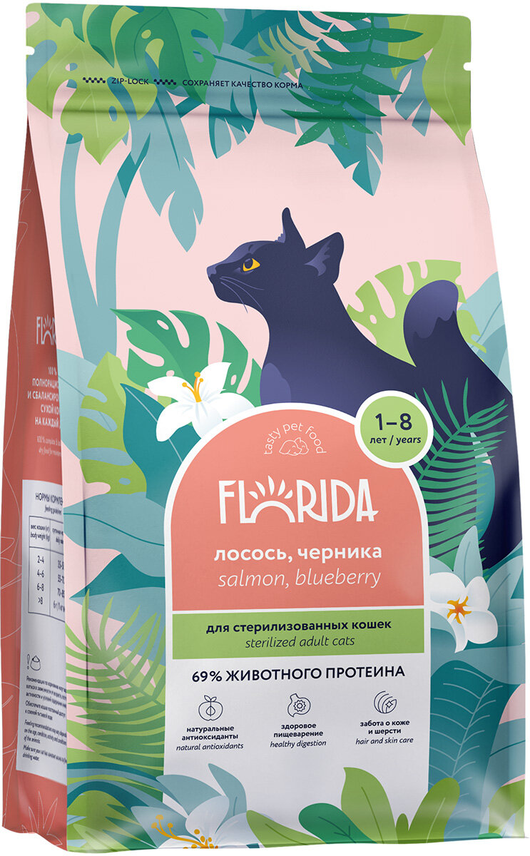 Корм сухой Florida для взрослых кастрированных котов и стерилизованных кошек, лосось и черника, 400 г