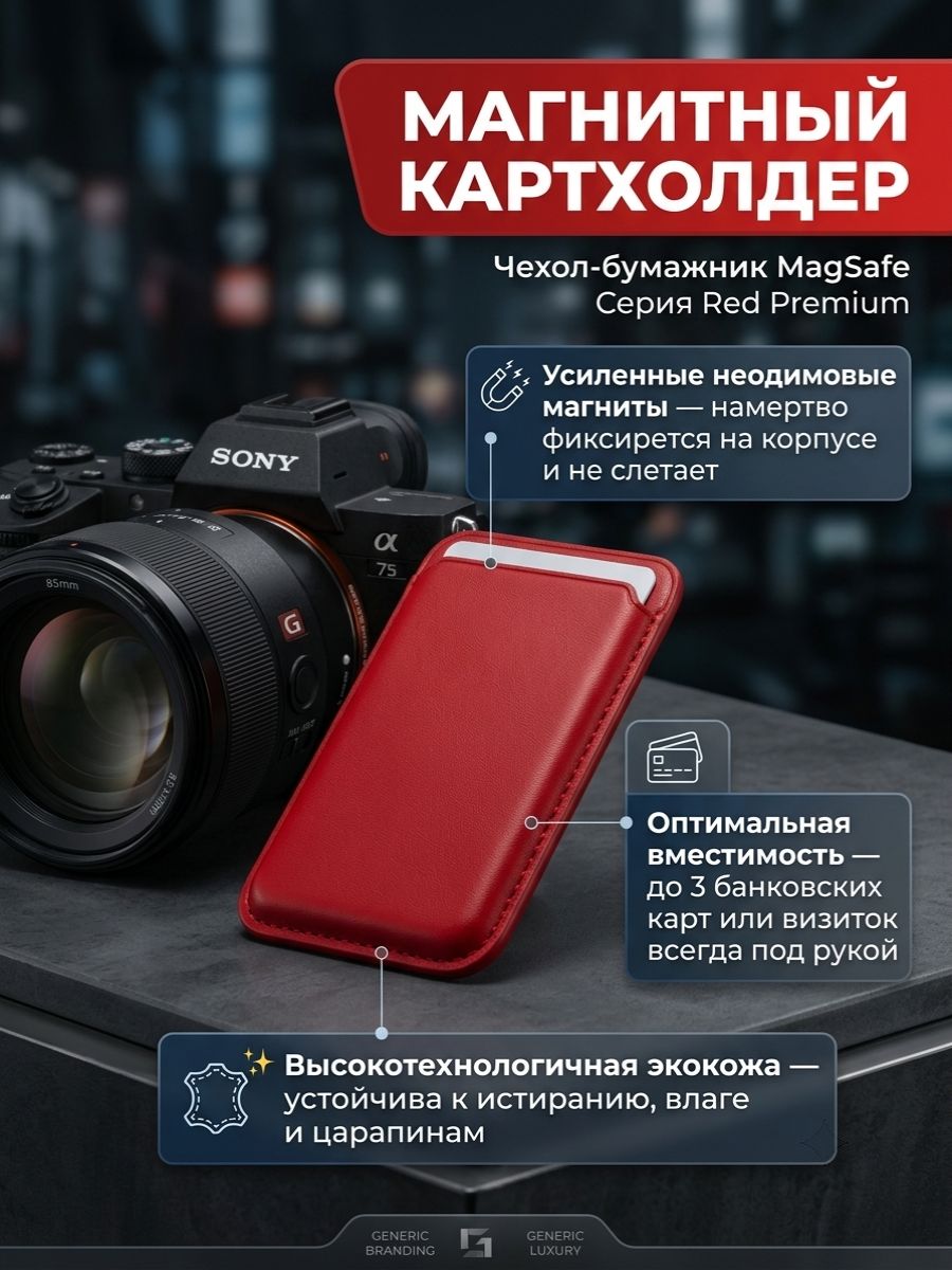 Кожаный картхолдер для карт на магните универсальный, визитница кошелек на заднюю панель телефона красного цвета