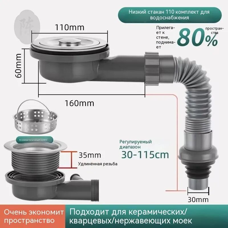 Сифон для раковины кухни с переливом для кухонной мойки 90 мм из нержавеющей стали и переходником с обратным клапаном, компактный + съемная корзина для сбора мусора