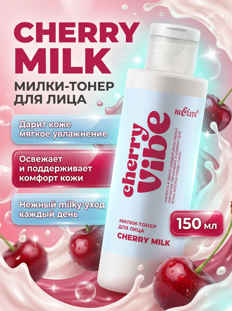 Милки-тонер для лица Cherry milk Cherry Vibe, 150 мл, Белита