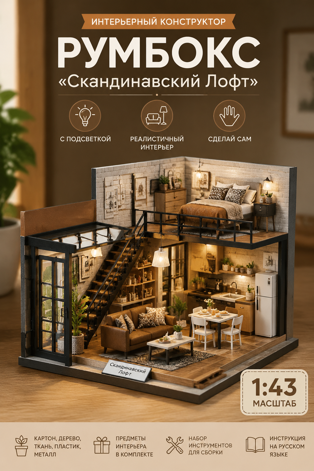 Интерьерный конструктор румбокс «Скандинавский Лофт» M030, 1:43, с подсветкой, набор для сборки