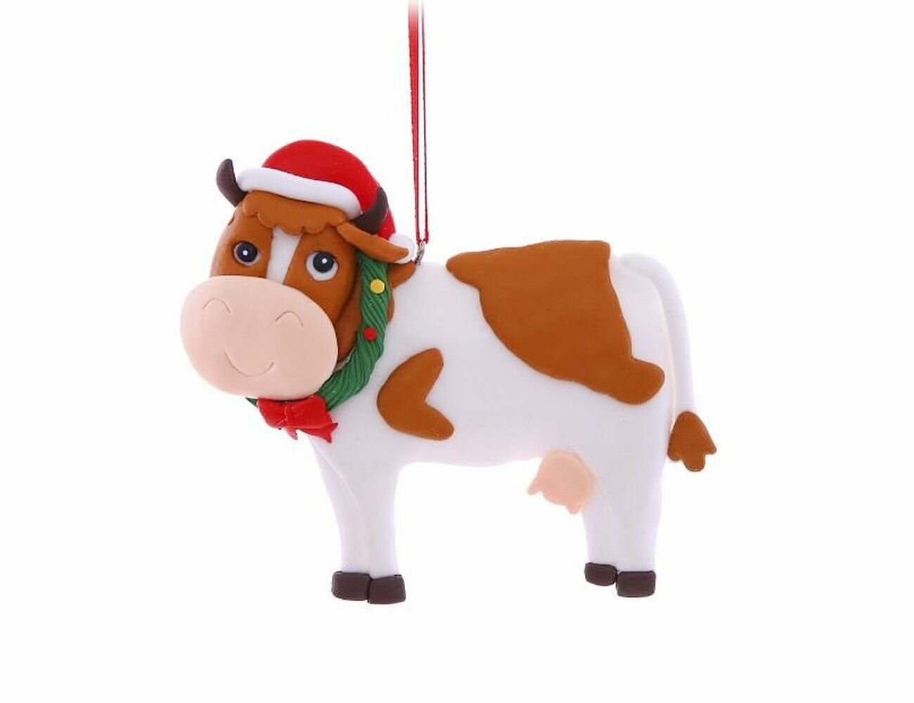 Ёлочная игрушка коровка санты, полистоун, 12 см, -Снегурочка 752404-1