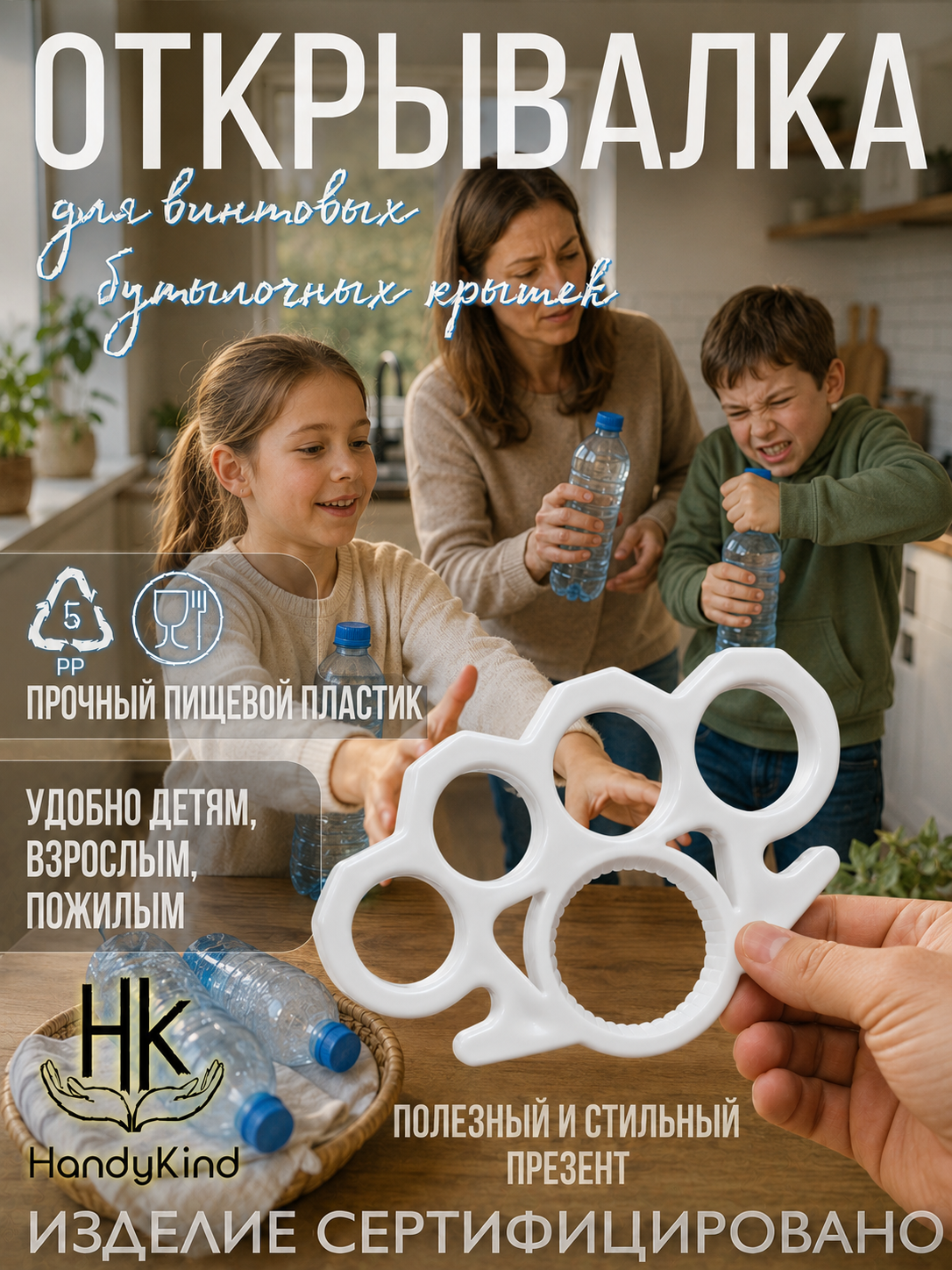 Открывалка для винтовых бутылочных крышек ( Открывашка для ПЭТ бутылок) Очень крепкая, удобная. Стильный и полезный сувенир- презент, подарок.
