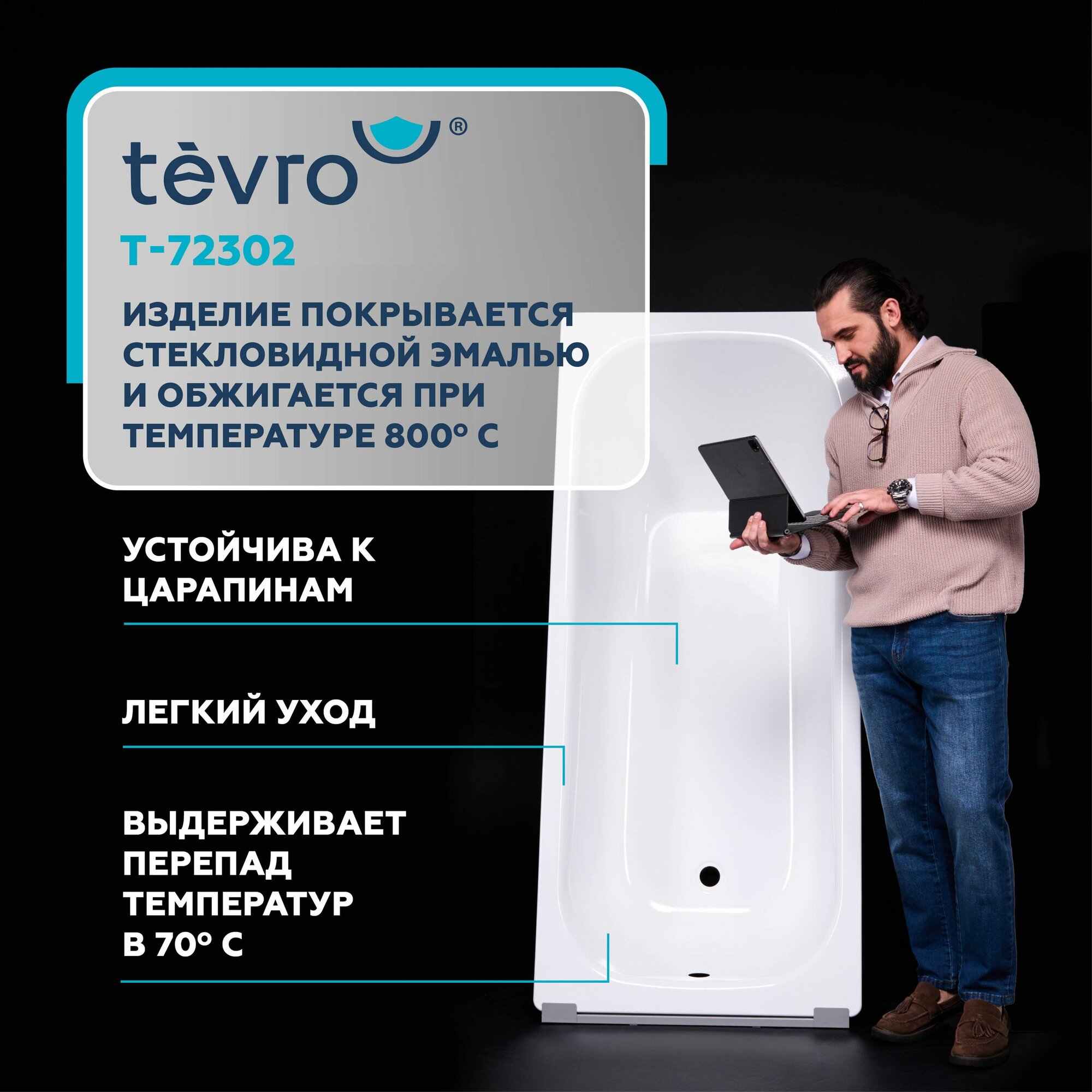 Стальная ванна 170х75 Tevro тонда, белая с ножками в комплекте, толщина 2,7мм, ВИЗ