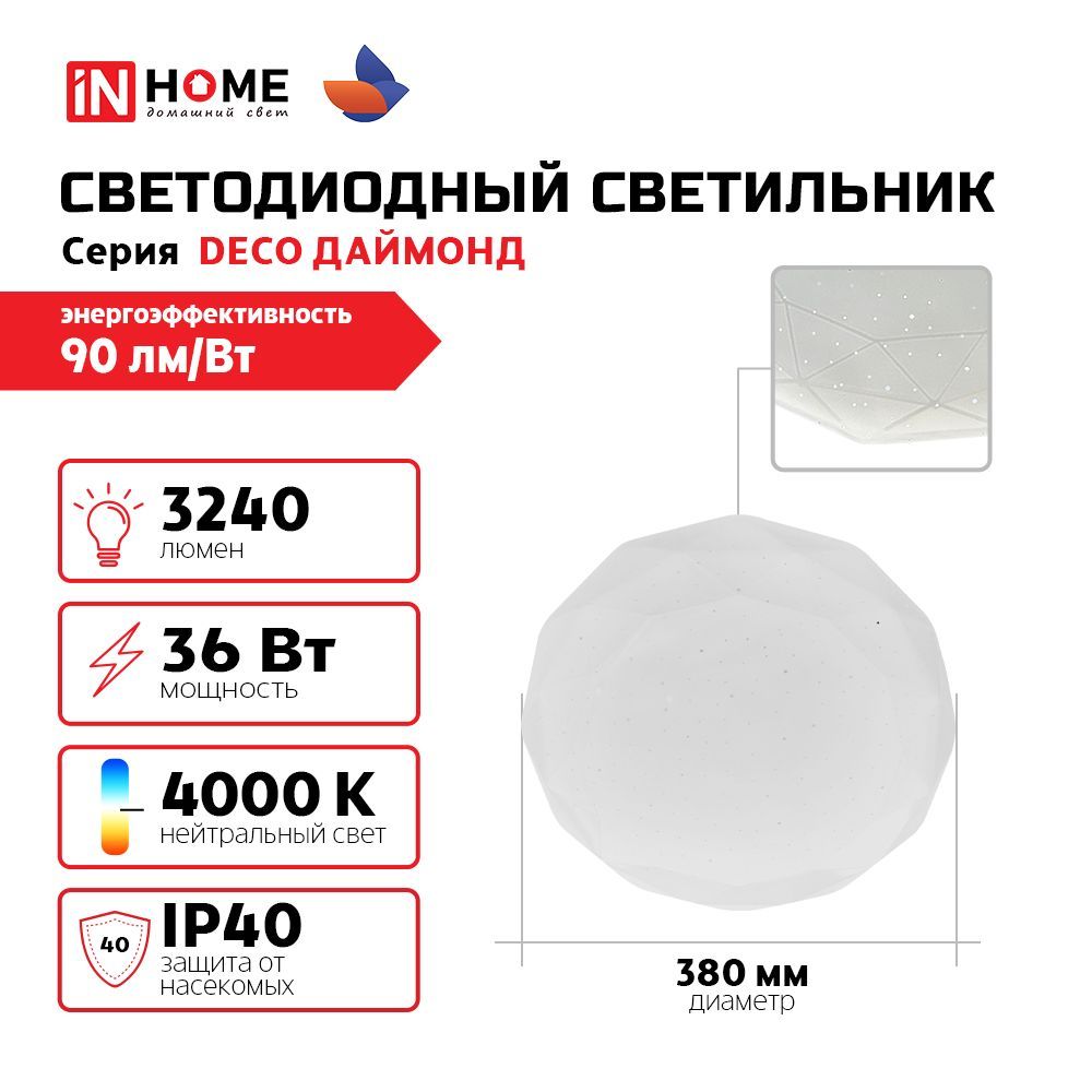 Светодиодный светильник потолочный настенный накладной серии DECO даймонд 36Вт 230В 4000К 3240Лм 380х55мм IN HOME