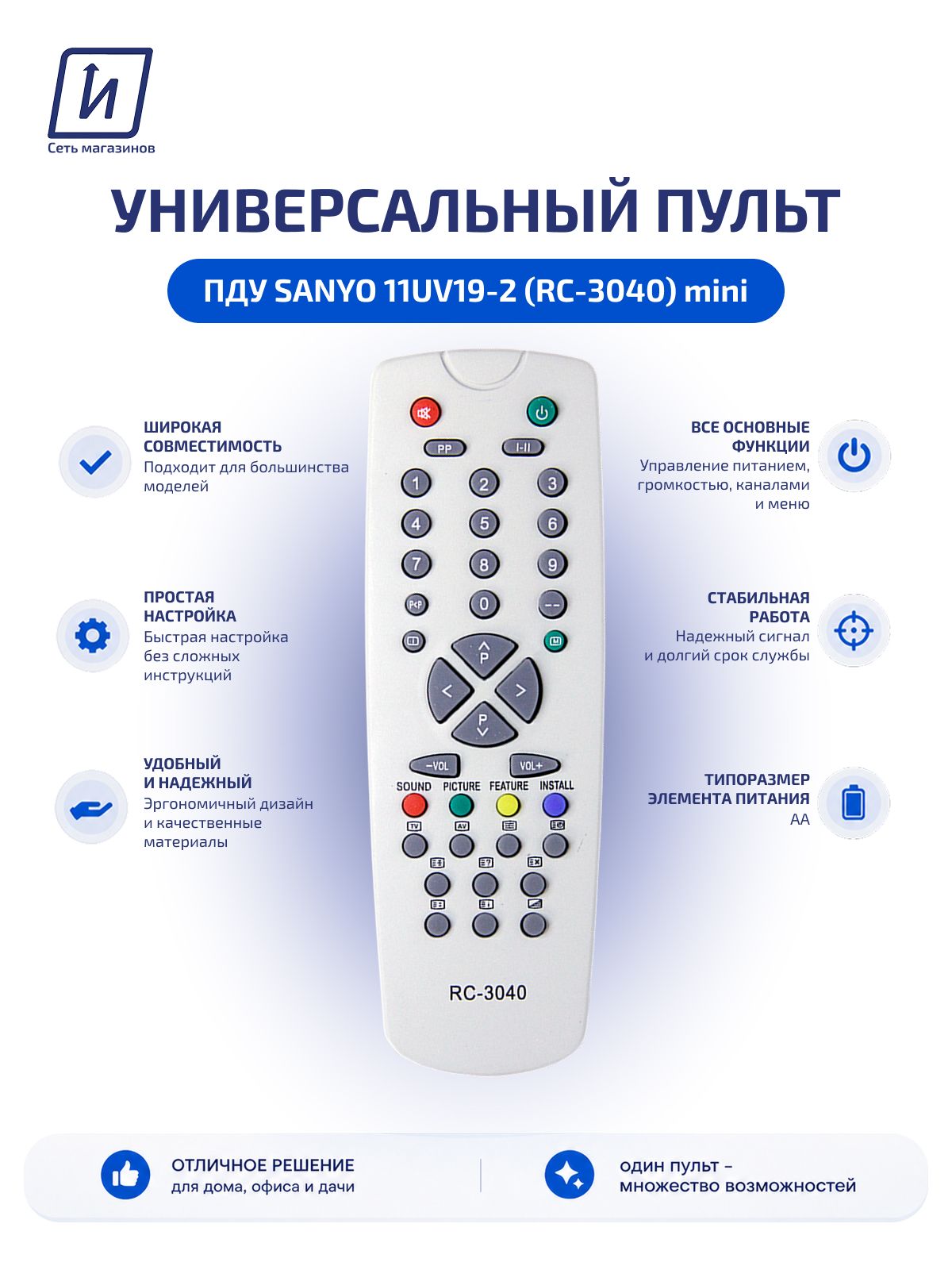 Пульт для телевизора SANYO 11UV19-2, RC-3040 mini