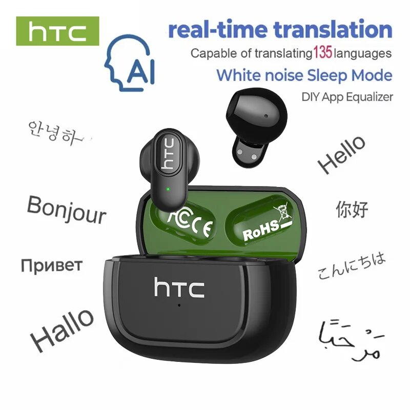 Беспроводные наушники HTC NE51 TWS Bluetooth 6.0 с AI-переводчиком Зеленый, black green AI