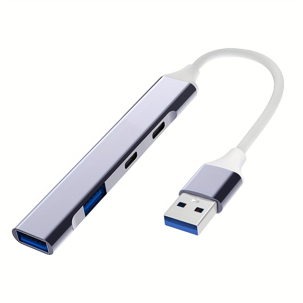 Концентратор USB 3.0 Type-C 4-в-1, тонкий адаптер, 1x USB-C вход, 2x USB-C выход, 2x USB-A выход, серый