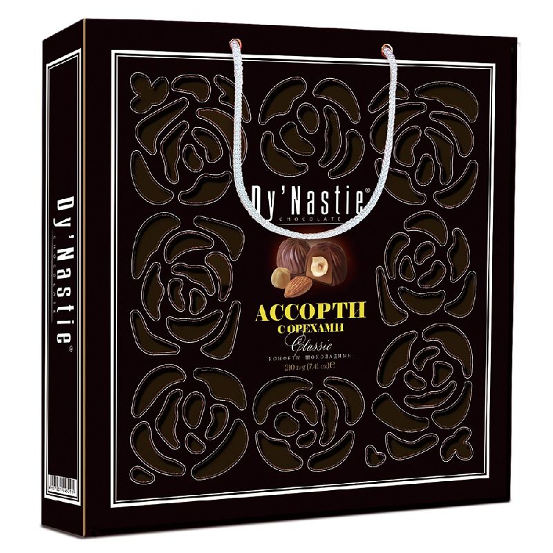 Конфеты Dy Nastie шоколадные ассорти с орехами CLASSIC с тёмным шоколадом, пралине с цельными и дроблёными орехами /сумка с узором/ 210г