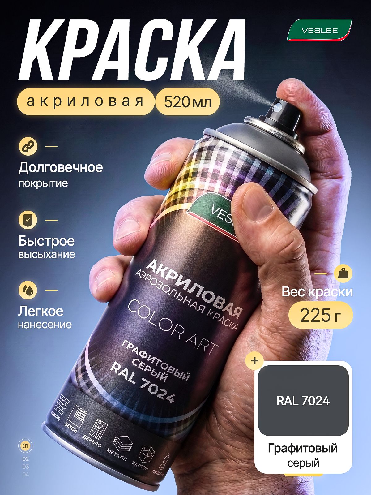 Краска акриловая графитовый серый RAL 7024
