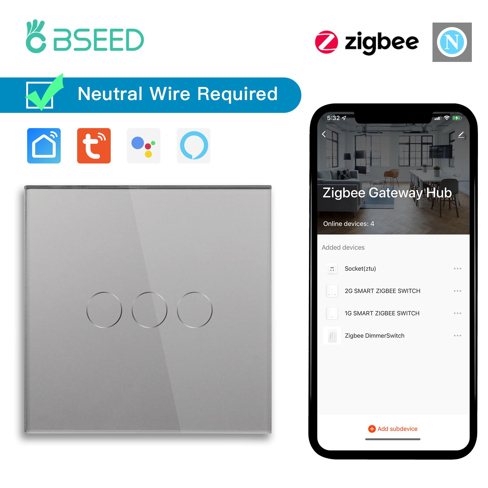 Сенсорный выключатель умный, Zigbee, Три клавиши, с Алисой, голосовое управление, с панелью из закаленного стекла,86mm