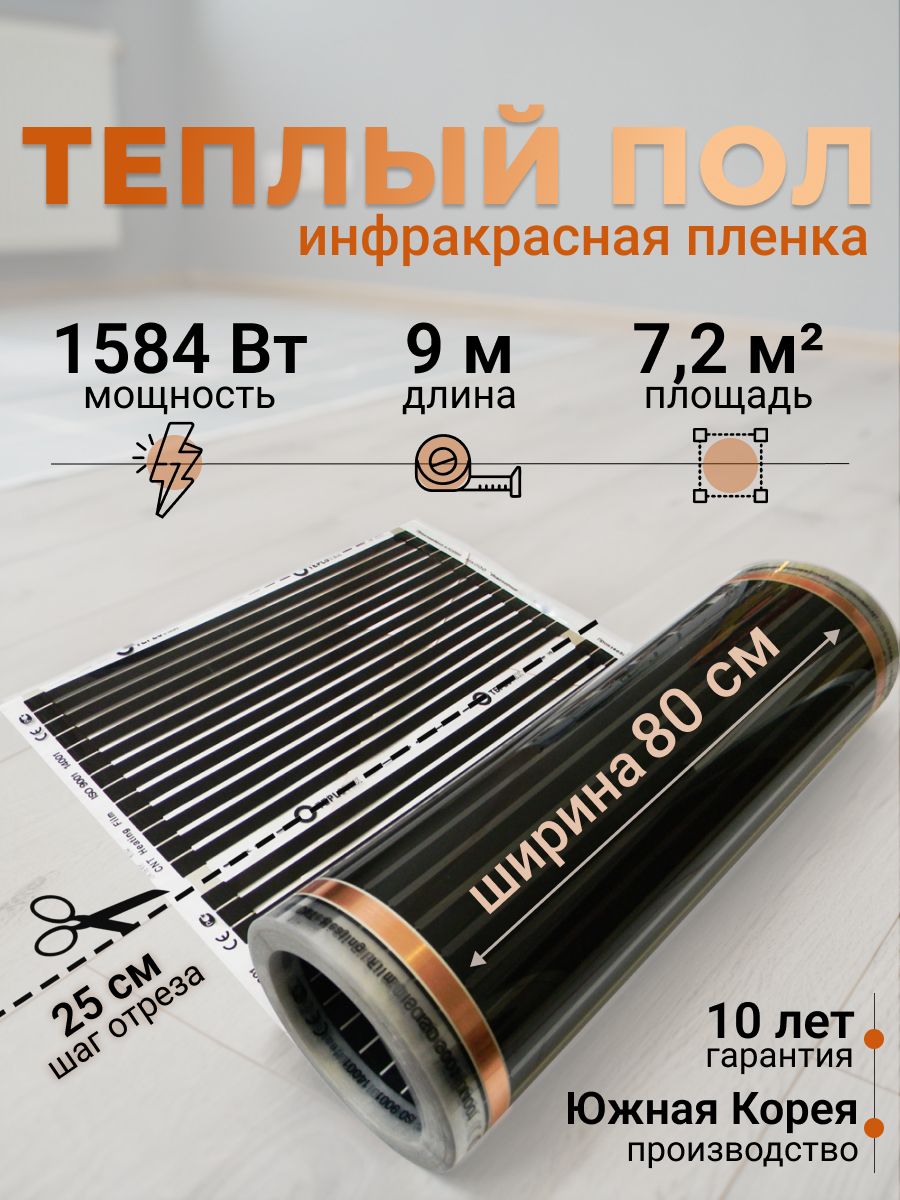 Электрический инфракрасный пленочный теплый пол Теплотекс под линолеум, ламинат, паркет, ширина 0,8 м / длина 9 м / площадь 7,2 кв. м