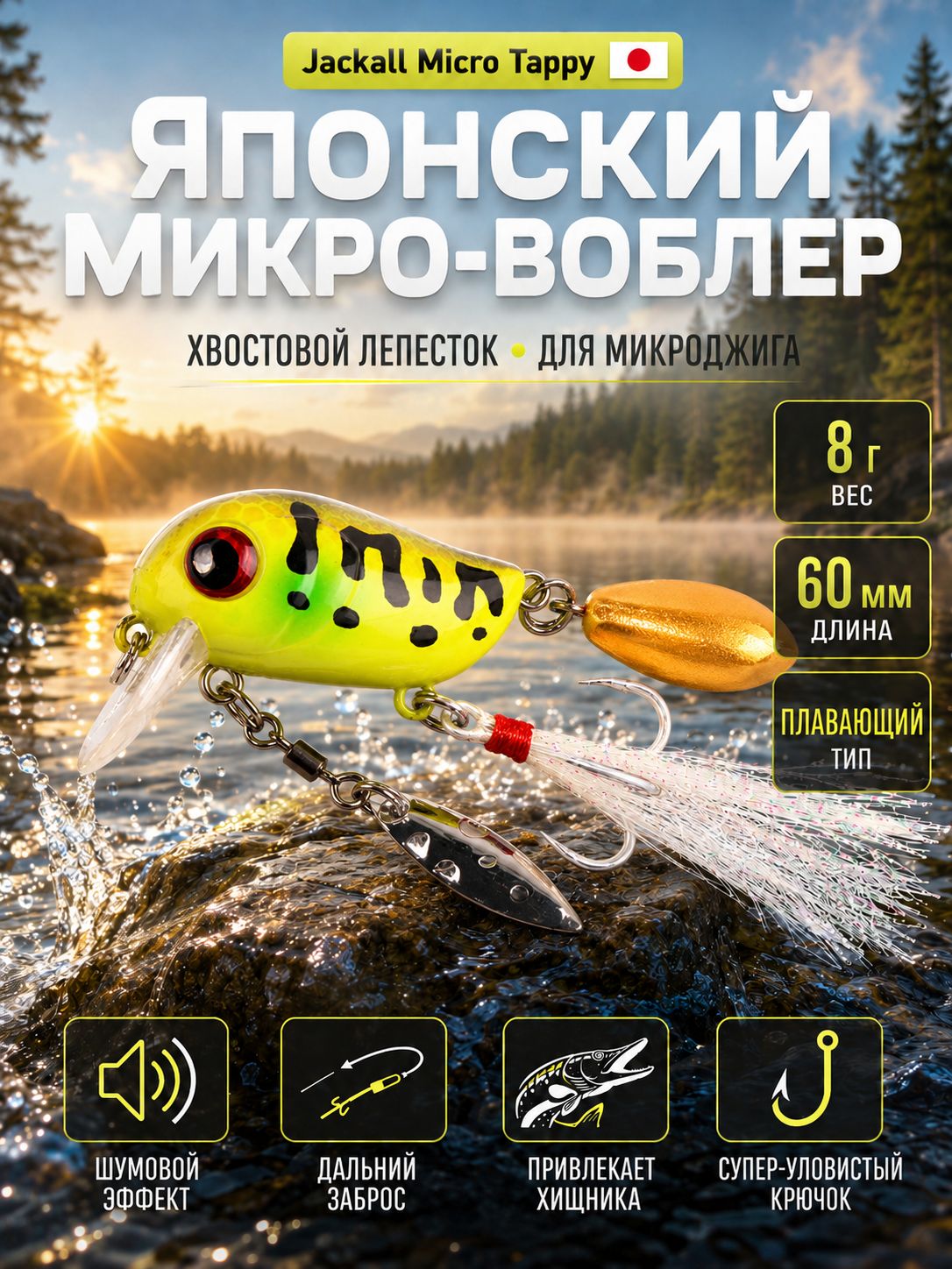 8 грамм! Воблер с тейлспиннером плавающий крэнк для рыбалки по игре Jackall Micro Tappy